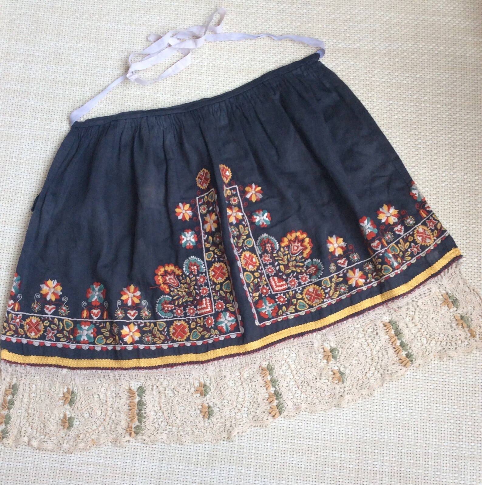 Vintage hand embroidered apron intricate crochet accents | Etsy