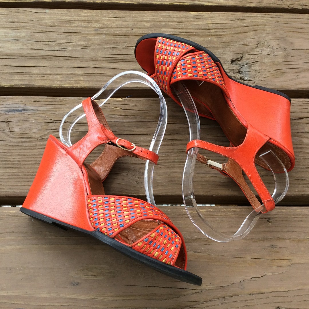 Rare Orange Multi Color Wedge Sandals Yellow Blue Size 7.5 All Leather ...