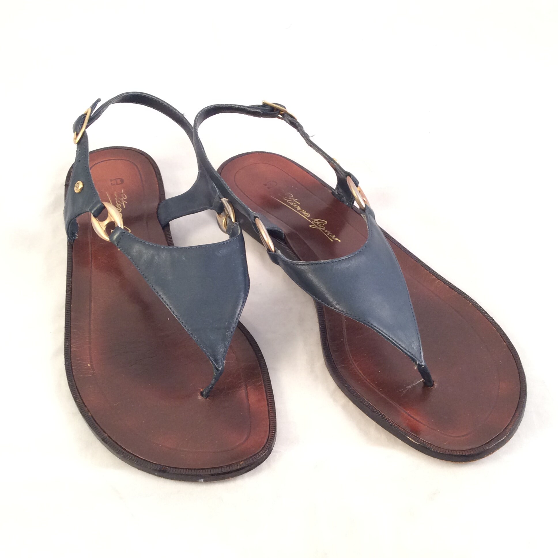 Flat Aigner Sandals Size 7 Navy Blue Leather 80s 90s Retro Walking ...