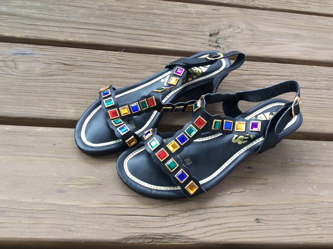 60s Sandals New Old Stock Black Bejeweled Size 6.5 Chunky - Etsy