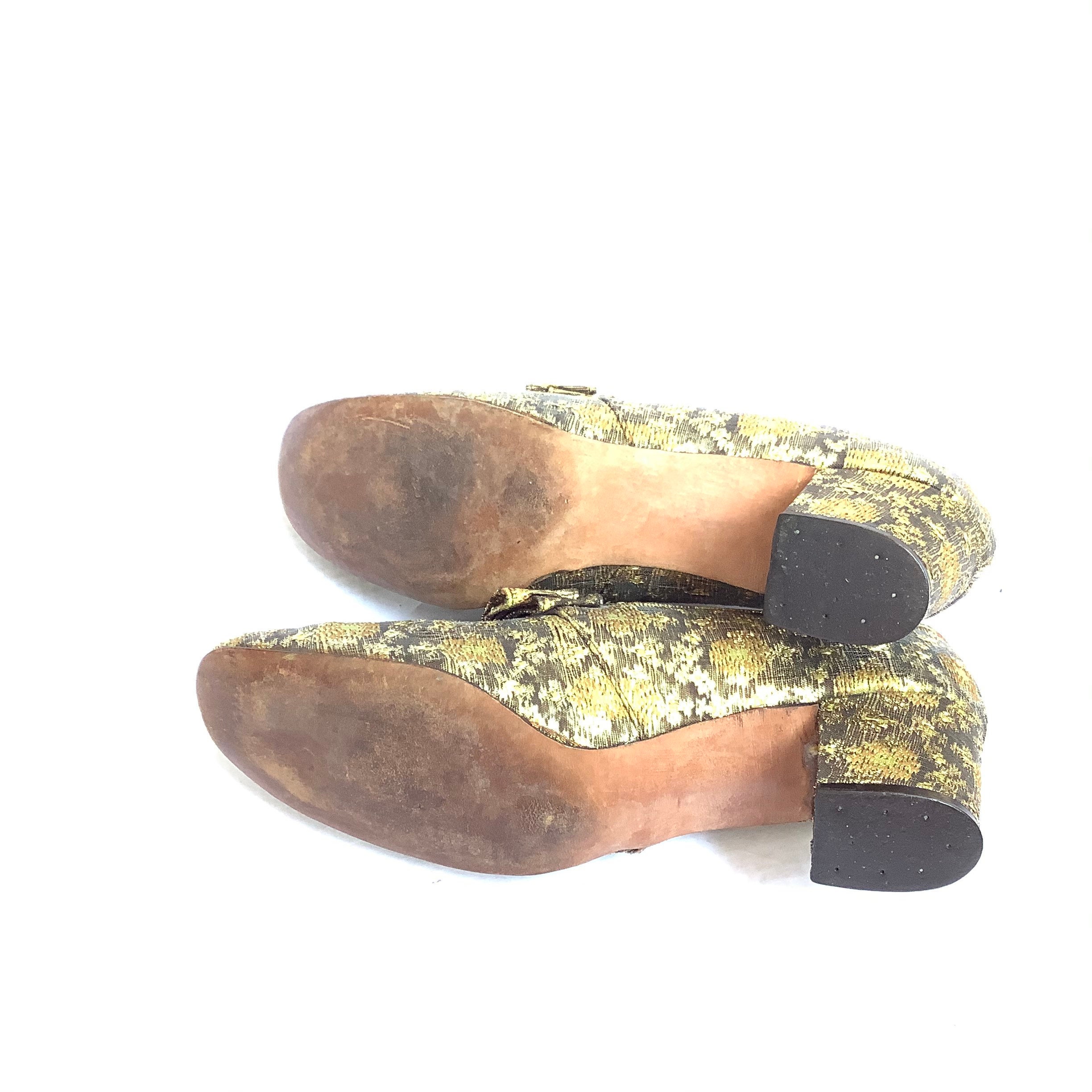 Bonwit Teller Mod Tapestry Block Chunky Heel Metallic Granny Pilgrim ...