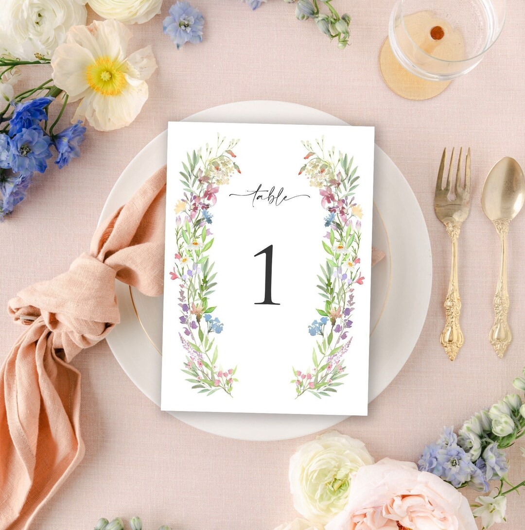 Wildflower Wedding Table Numbers, Floral Wreath Printable Table Numbers ...