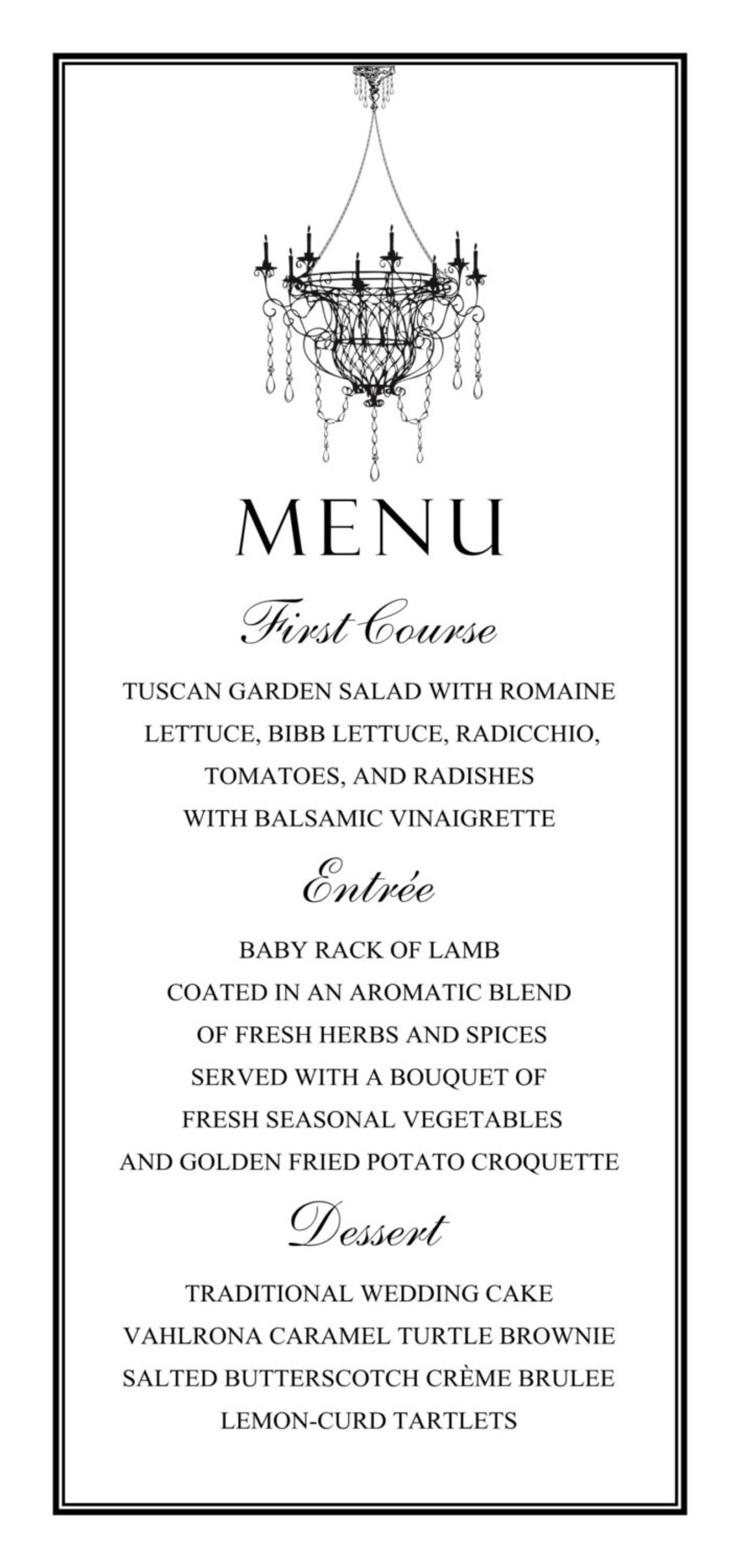 Formal Menu, Black Menu, Chandelier Menu for Your Wedding, Party or ...