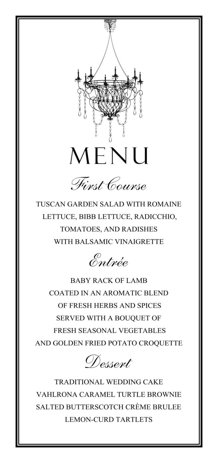 Formal Menu, Black Menu, Chandelier Menu for Your Wedding, Party or ...