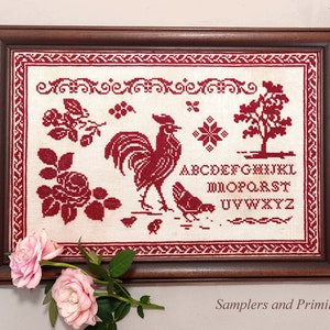 Cross Stitch Red Rooster Sampler Pattern PDF, Red Sampler Cross Stitch ...