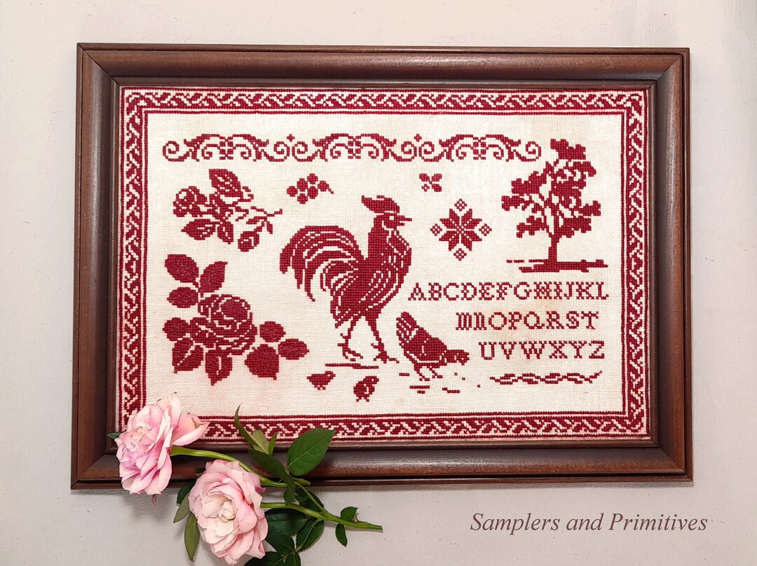 Cross Stitch Red Rooster Sampler Pattern PDF, Red Sampler Cross Stitch ...