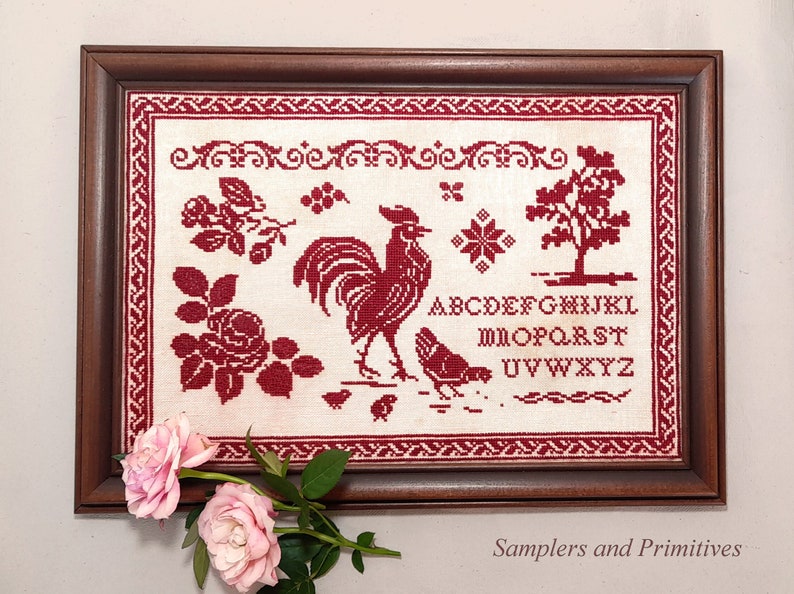 Red Rooster Cross Stitch Sampler Pattern, Alphabet, Chicken Farm (PDF ...