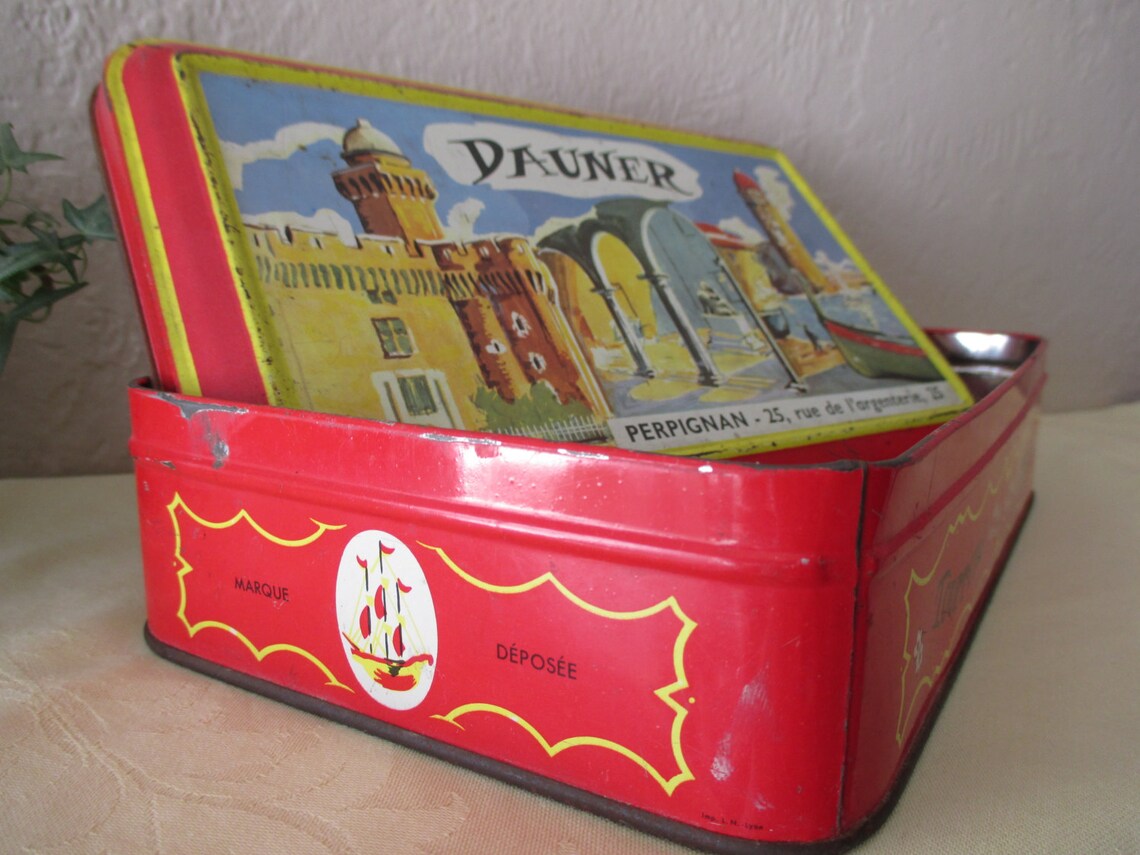 Vintage French Tin, French Candy Tin, Red Tin, Candy Nougat Tin, Cookie ...