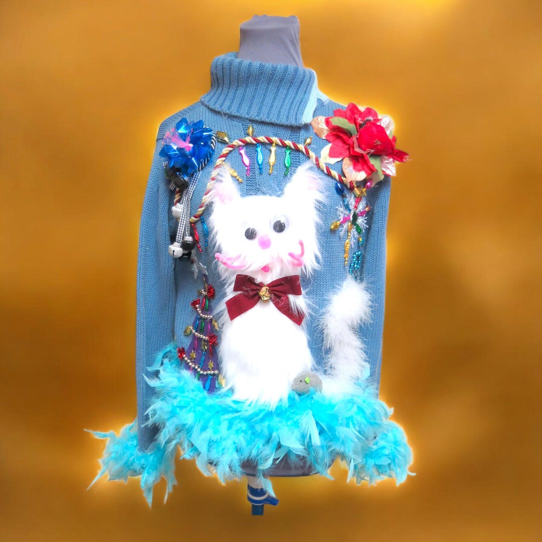Darling & Cute Fuzzy Furry Kitty Cat Tacky Ugly Christmas Sweater, Size ...
