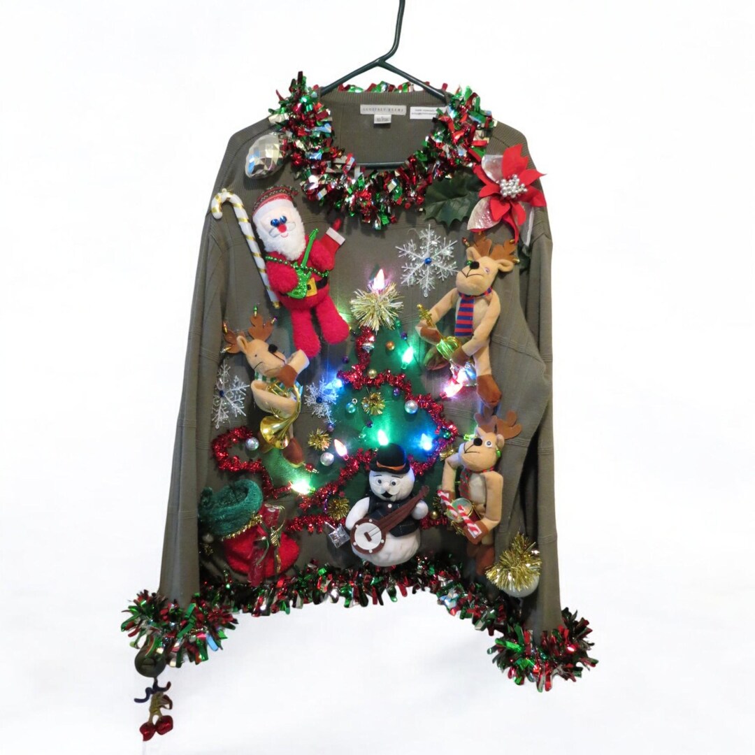 3-D Santa and Reindeer Band, Music Making, Tacky Ugly Christmas Sweater ...
