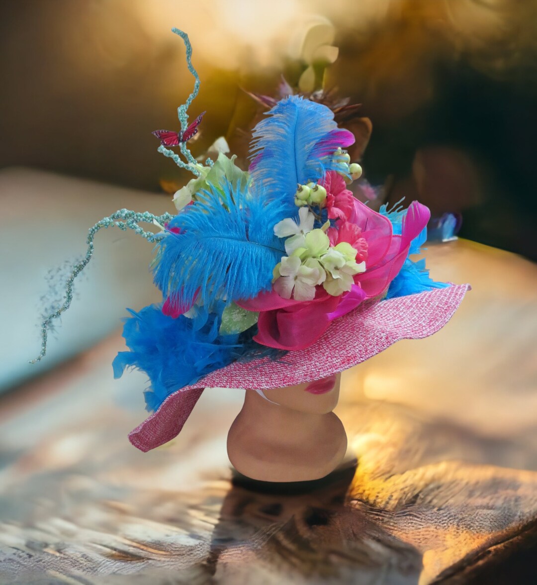 Festive Spring Pink Wide Brim Hat, Easter Hat, Bright Colorful Flowers ...