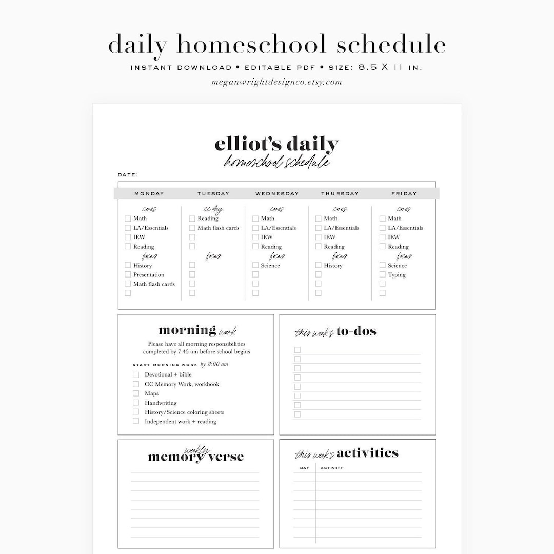 Homeschool Schedule Printable, Editable Homeschool Checklist, Printable ...