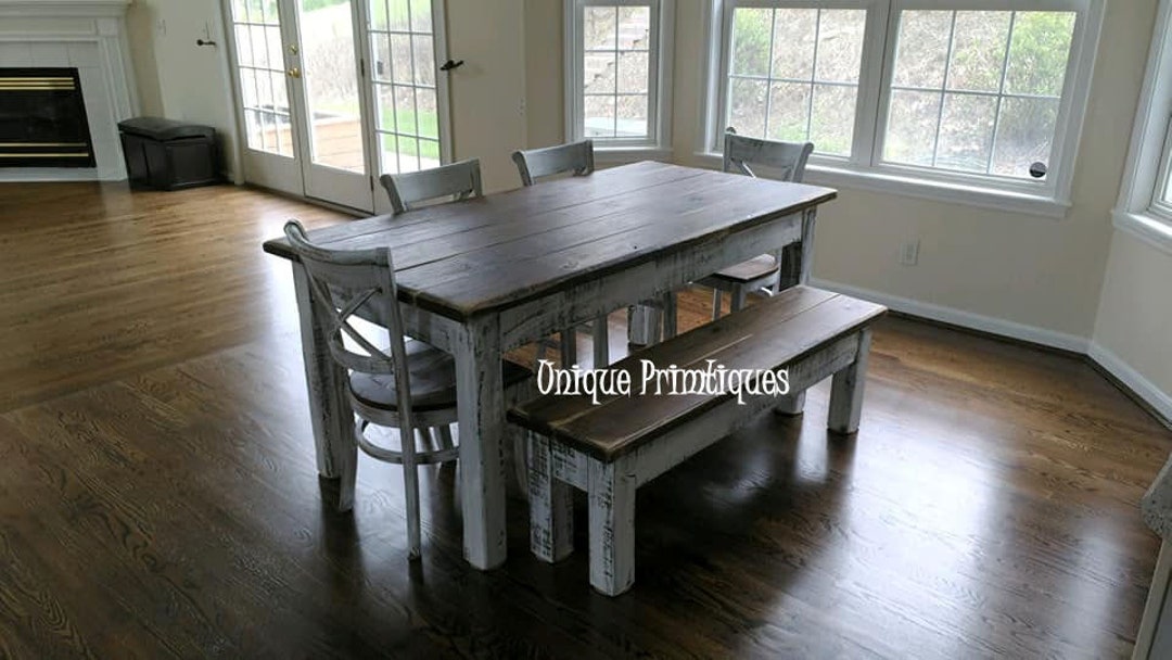 Rustic FARMHOUSE TABLE 6-piece SET Wood Farm House Kitchen Dining ...