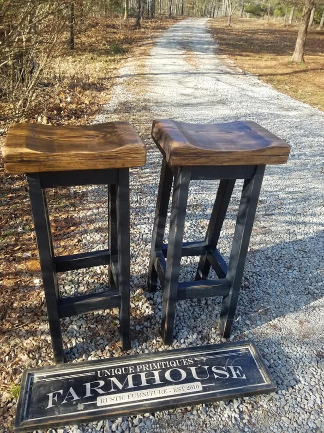 FARMHOUSE BAR STOOLS Lot of Two Rustic Farm House Kitchen Tall Short ...