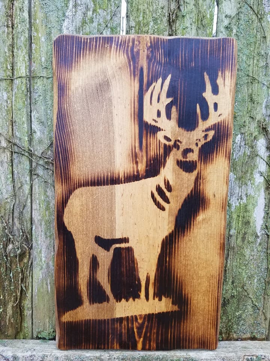 WOOD ART Rustic Fire-burned Deer Buck Man Cave Hand-made Elk Primitive ...