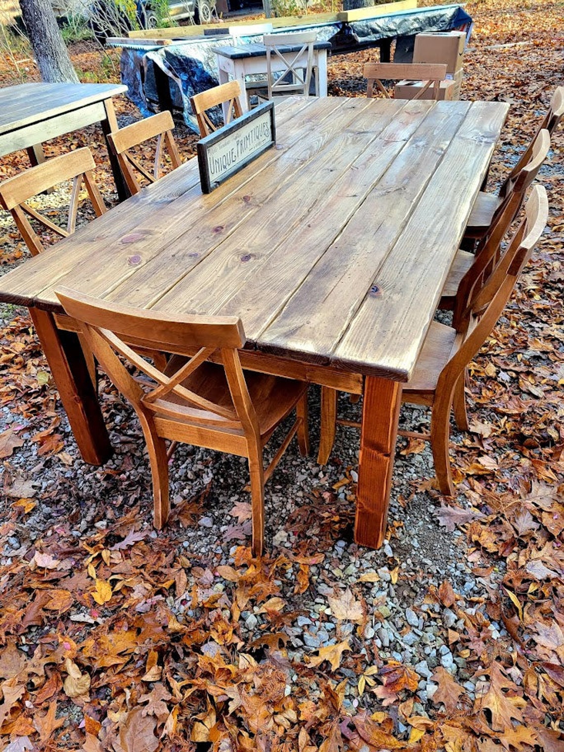 Rustic FARM TABLE 8-foot 9-piece Set W/ Chairs Farm House Country Cabin ...