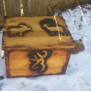 WOOD ART Fire Burned Wooden Storage Box Cabin Hunting Hunter Chest Man ...