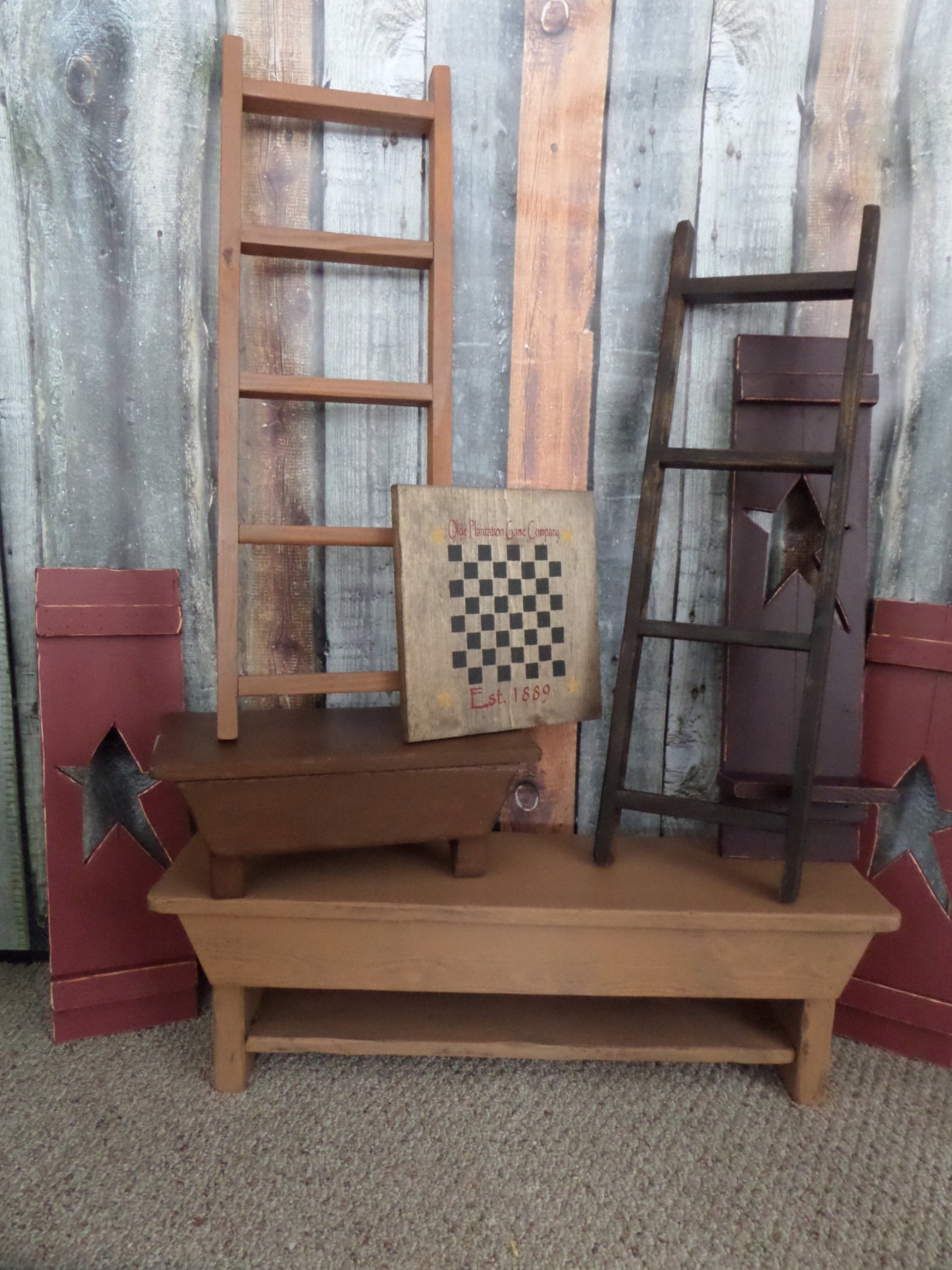 RUSTIC WOOD LADDER Primitive Black Distressed Aged Antiqued Home Decor ...