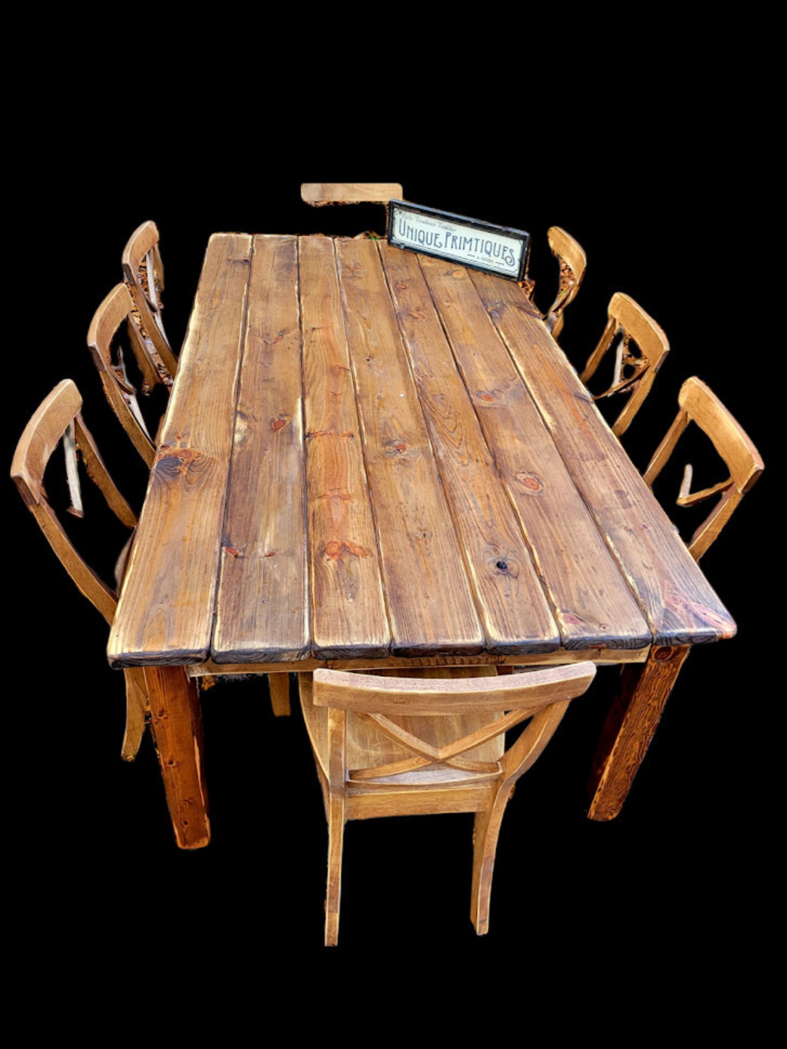 Rustic FARM TABLE 8-foot 9-piece Set W/ Chairs Farm House Country Cabin ...