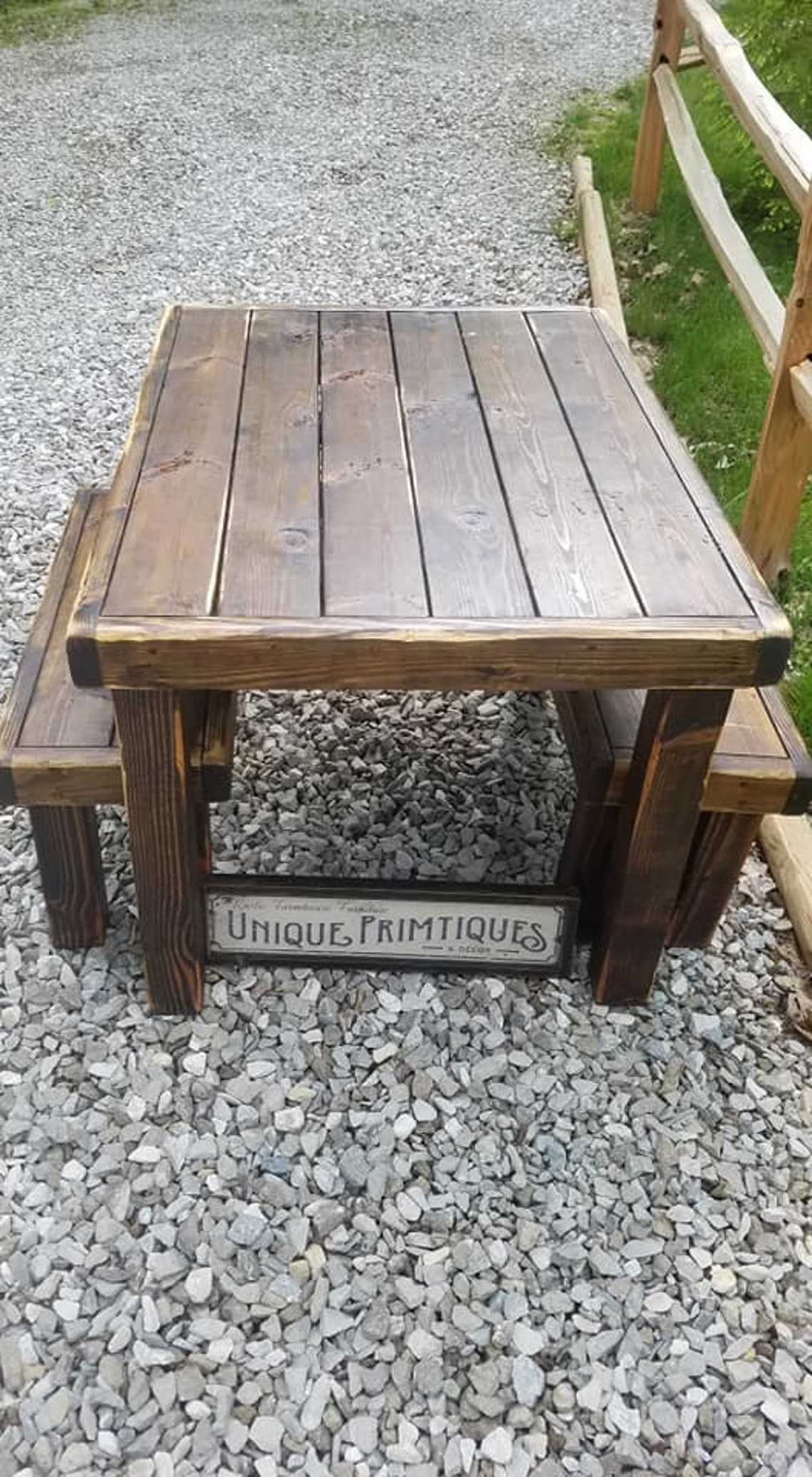 RUSTIC LODGE TABLE Country Cabin Kitchen Dining Wood Table Benches Set ...