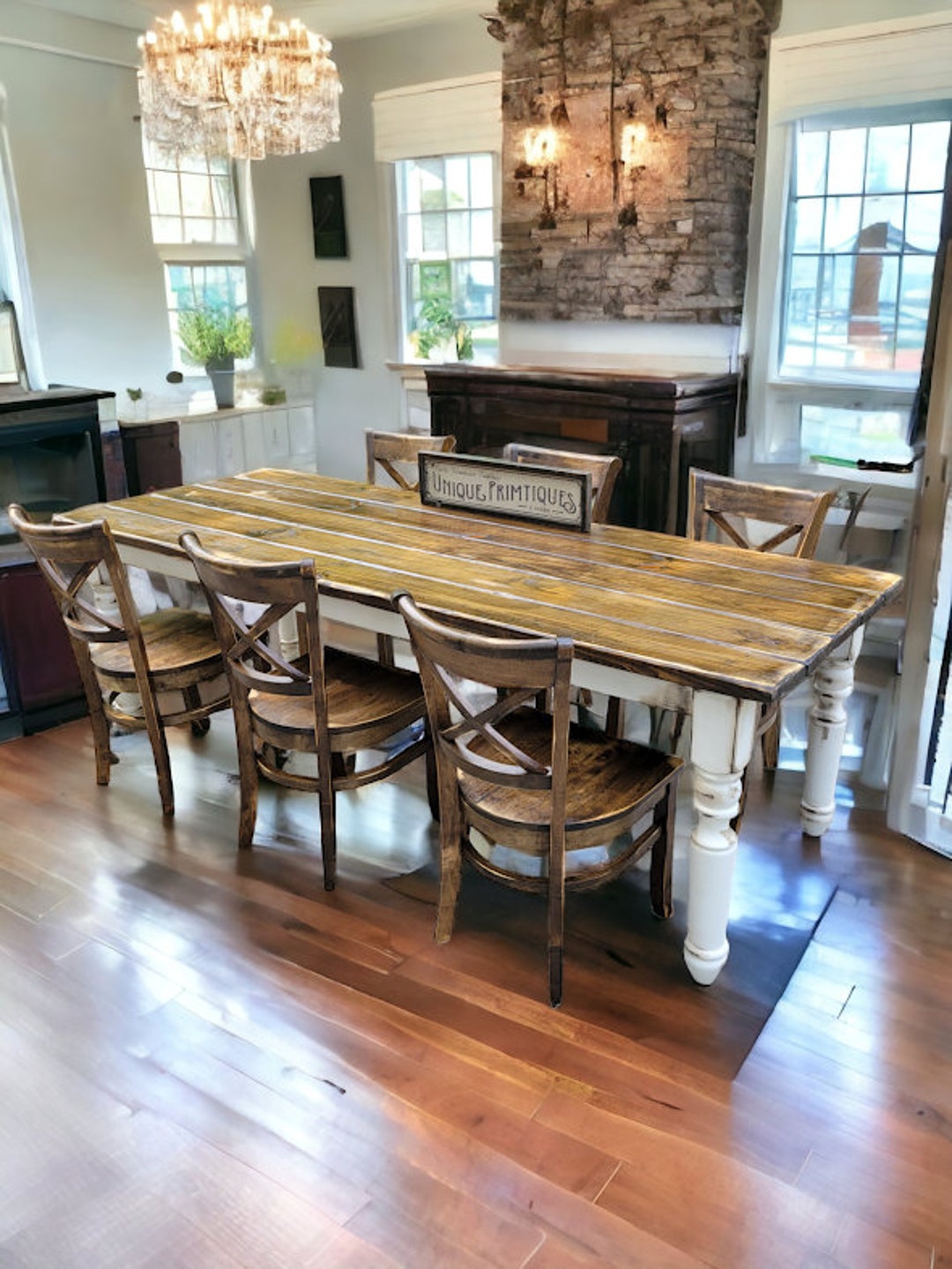 French Country Rustic Farmhouse TABLE 7-piece Set 8-foot Table 6-chairs ...
