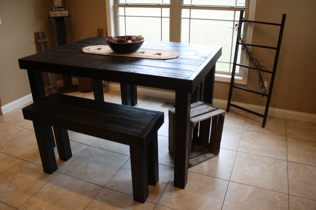 RUSTIC PUB TABLE & Bench Set Black Tall Bar Kitchen Table With Two ...
