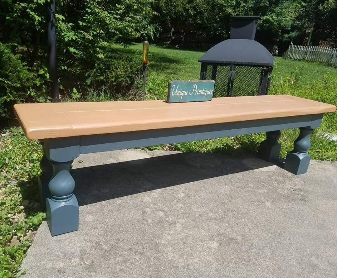 RUSTIC FARMHOUSE BENCH New England Farm House Wood Kitchen Turned Legs ...
