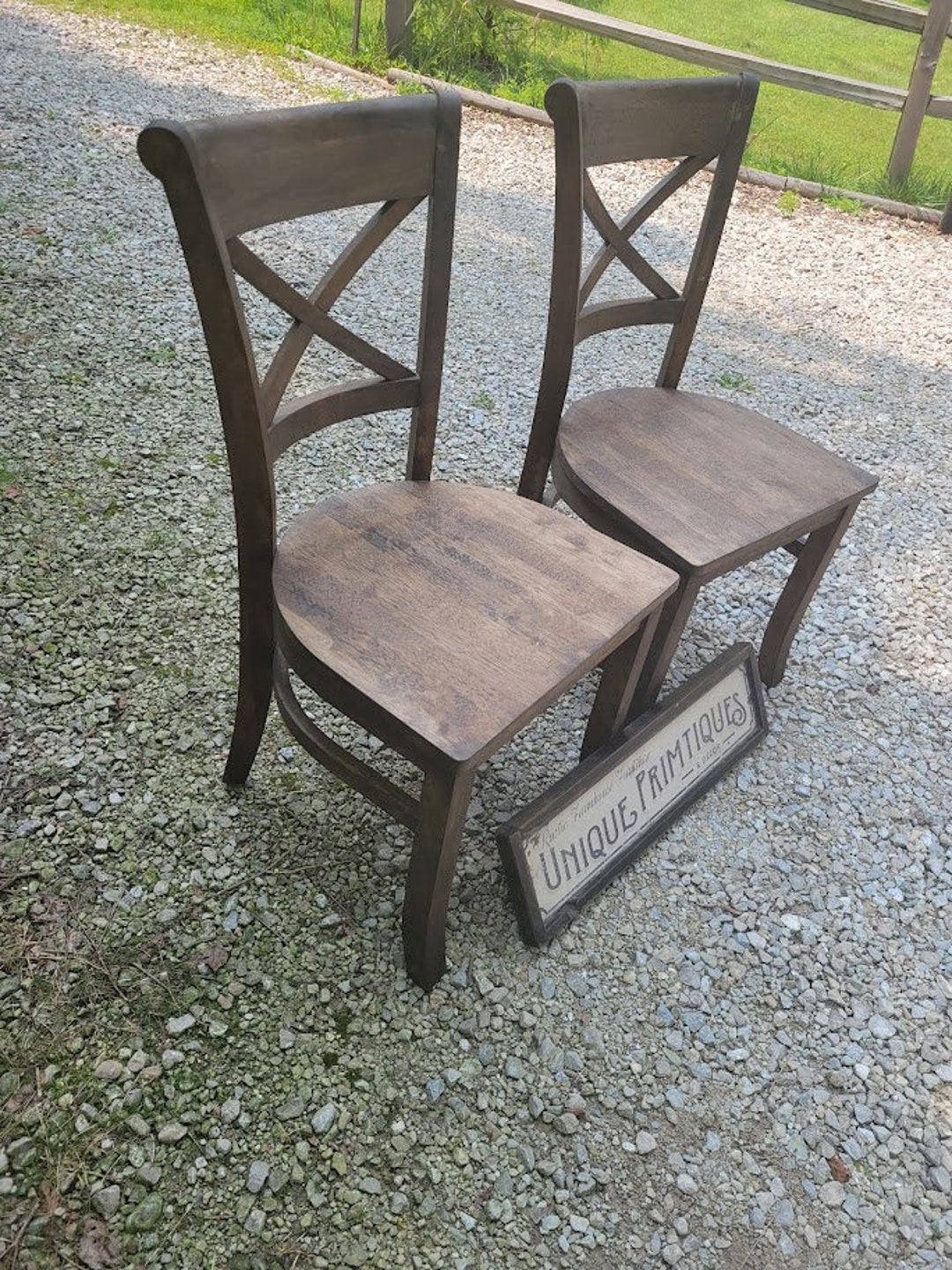 TWO Beautiful Rustic Wood Malaysian Oak CHAIRS Solid Wood X-back Style ...