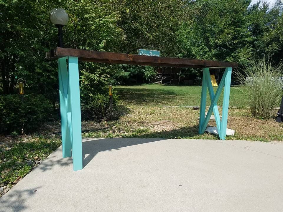 RUSTIC BAR TABLE Sofa Console X End Dark Walnut Geyser Mist Long ...