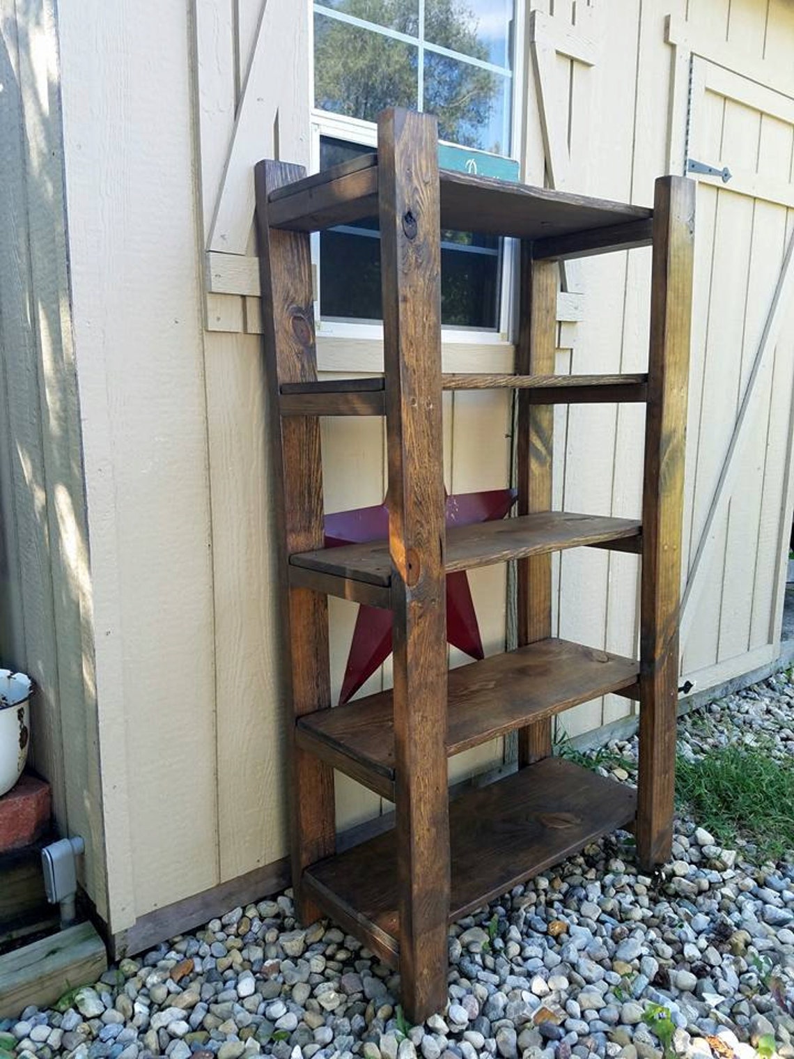 RUSTIC BOOKCASE TALL Wood Display Ladder End Bookshelf Bookcase Five ...