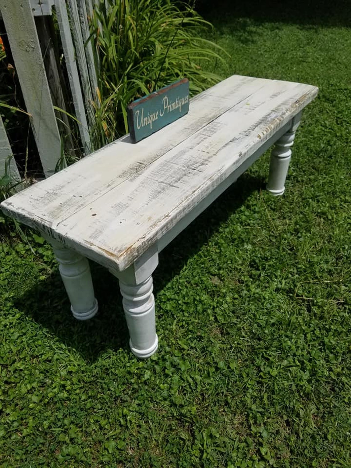 French Country Chic Rustic WOOD BENCH W/ Turned Legs Reclaimed Salvaged ...
