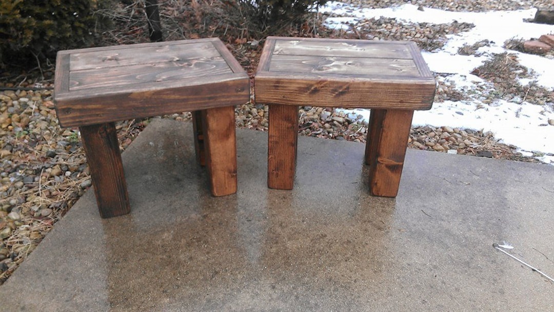 RUSTIC END TABLES Dark Walnut Solid Reclaimed Wood Benches Set of Two ...