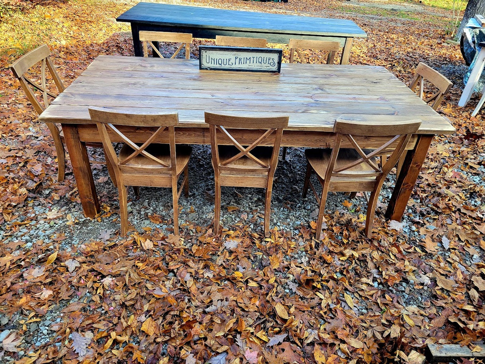 Rustic FARM TABLE 8-foot 9-piece Set W/ Chairs Farm House Country Cabin ...