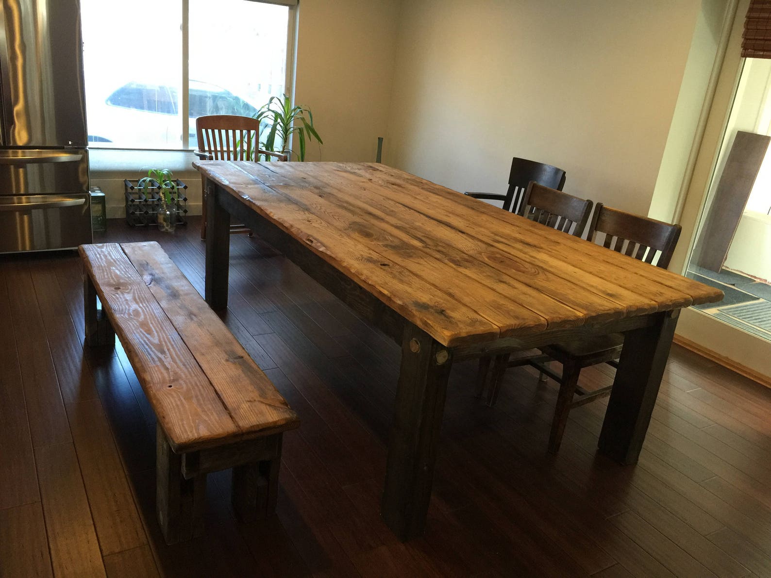 RUSTIC FARMHOUSE TABLE Set Large Farm House Cabin 8-foot Kitchen Dining ...