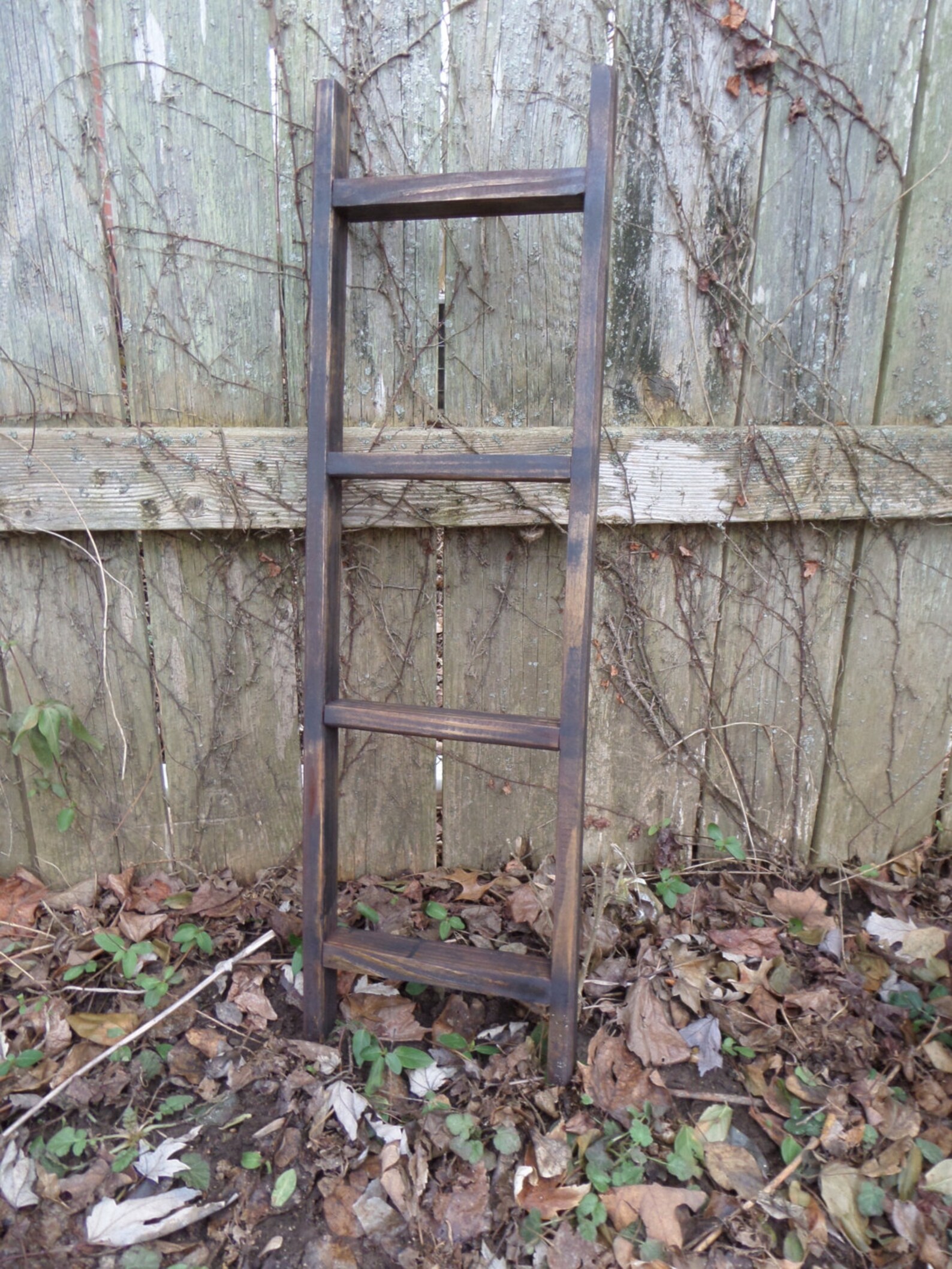 RUSTIC WOOD LADDER Primitive Black Distressed Aged Antiqued Home Decor ...