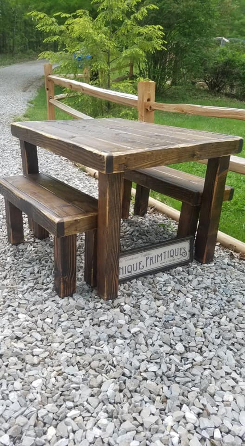 RUSTIC LODGE TABLE Country Cabin Kitchen Dining Wood Table Benches Set ...