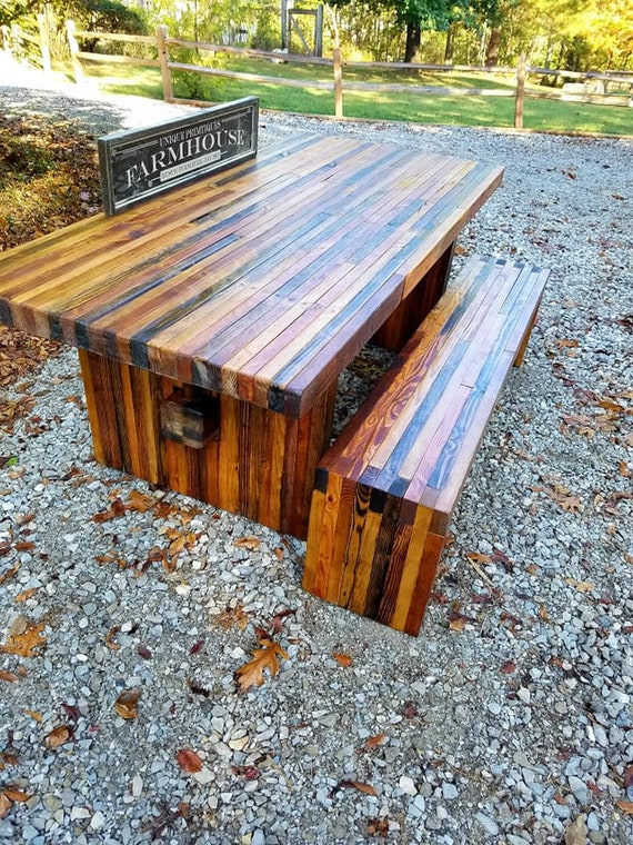 WOOD ART Modern TABLE Reclaimed Pallets Salvaged Woods Dining Kitchen Farmhouse W Matching Bench Custom Sizes Colors Oak Walnut Chestnut Etsy