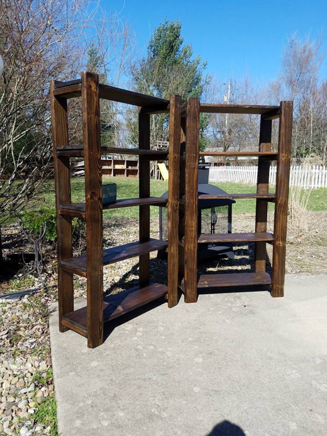 TWO RUSTIC BOOKCASES Tall Reclaimed Wood Display Ladder End Bookshelf ...