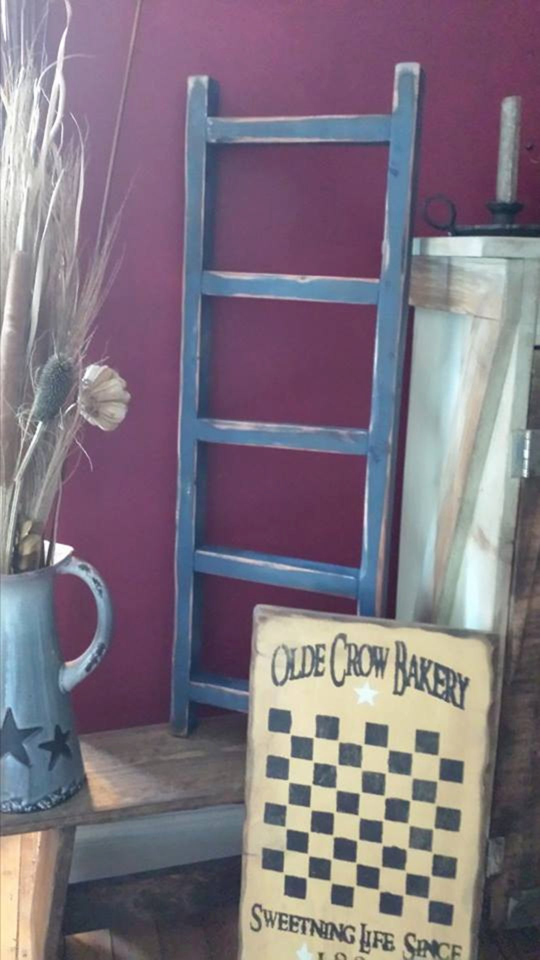 RUSTIC WOOD LADDER Primitive Distressed Blue Home Wall Decor 11" W X33 ...