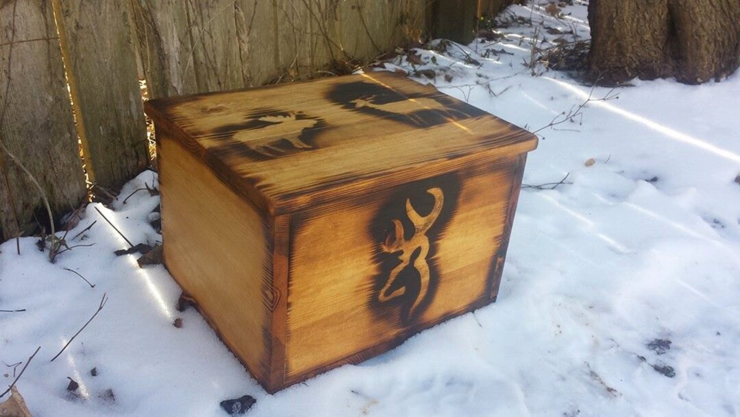 WOOD ART Fire Burned Wooden Storage Box Cabin Hunting Hunter Chest Man ...