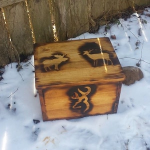 WOOD ART Fire Burned Wooden Storage Box Cabin Hunting Hunter Chest Man ...