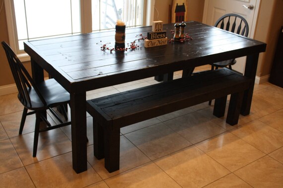 Primitive Wood KITCHEN TABLE Black 8 FT Solid Dining Room Table W Two Matching Benches Set Custom Sizes Colors 47x96x31h