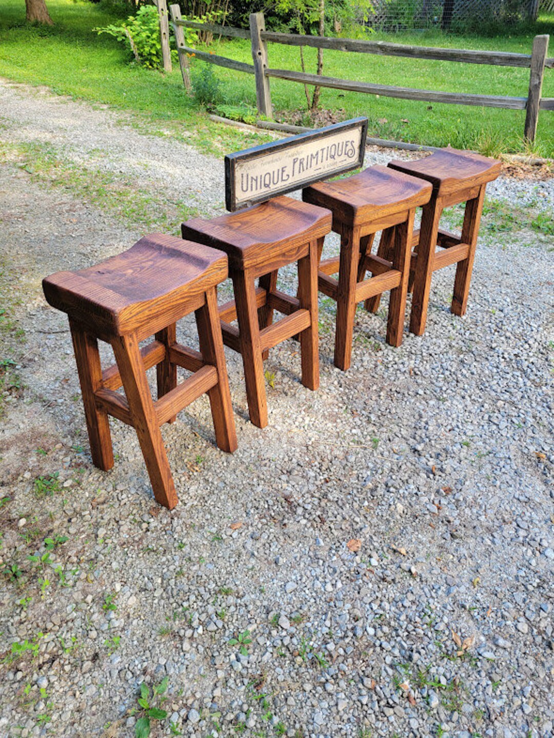 FARMHOUSE BAR STOOLS Lot of Four Rustic Farm House Kitchen Tall Short ...