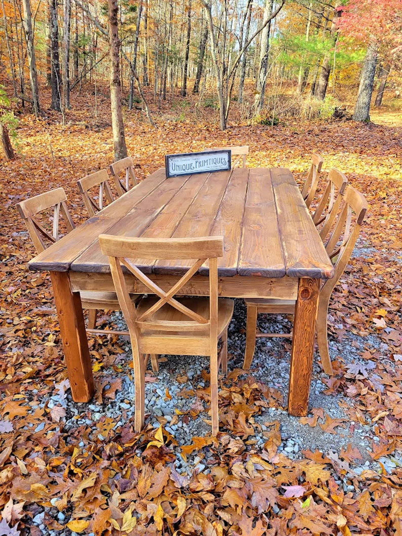 Rustic FARM TABLE 8-foot 9-piece Set W/ Chairs Farm House Country Cabin ...