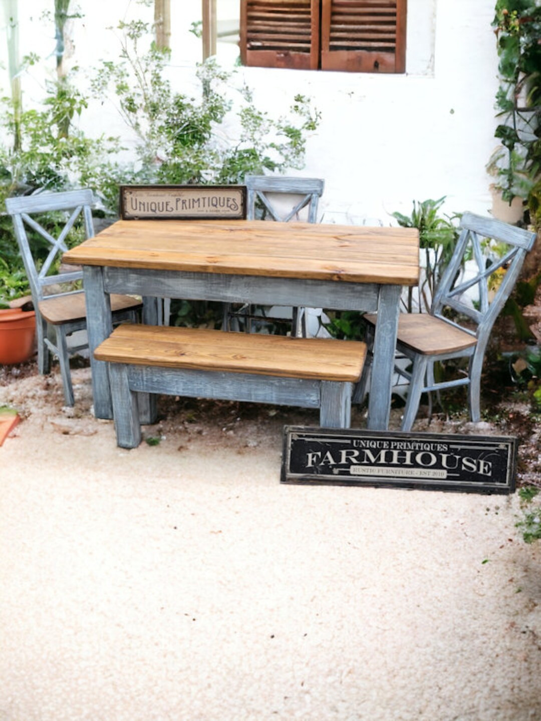 Rustic FARMHOUSE TABLE 6-piece SET Wood Farm House Kitchen Dining ...