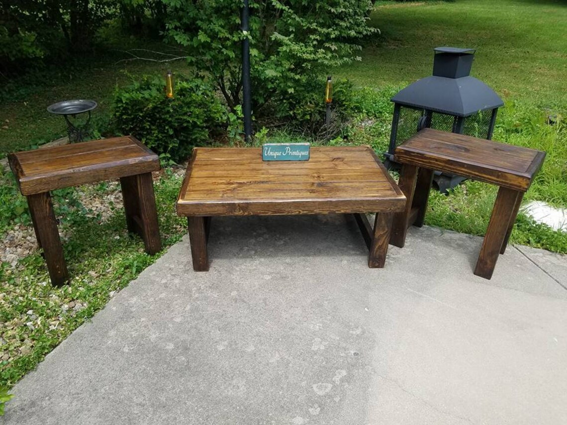 RUSTIC COFFEE TABLE Set End Tables Reclaimed Wood Dark Walnut | Etsy