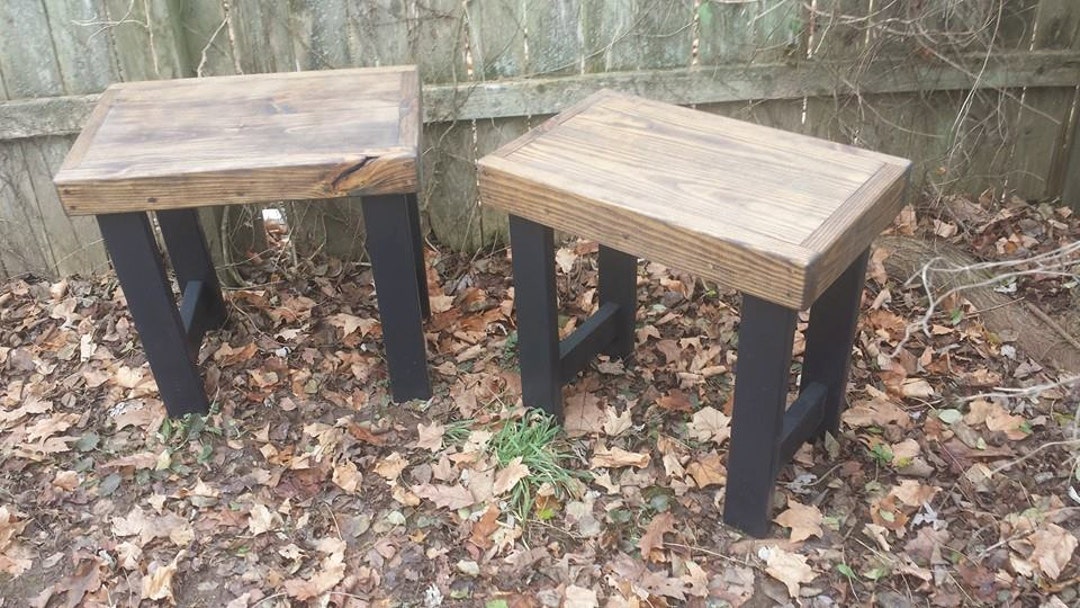 RUSTIC END TABLE Set Reclaimed Wood Dark Walnut Kettle Black Reclaimed ...