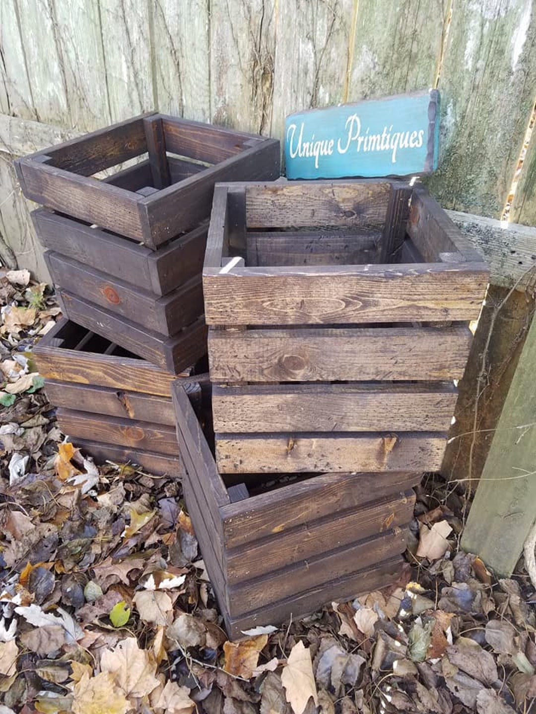 Four RUSTIC FARMHOUSE CRATES Reclaimed Salvaged Wood Dark Walnut Wall ...