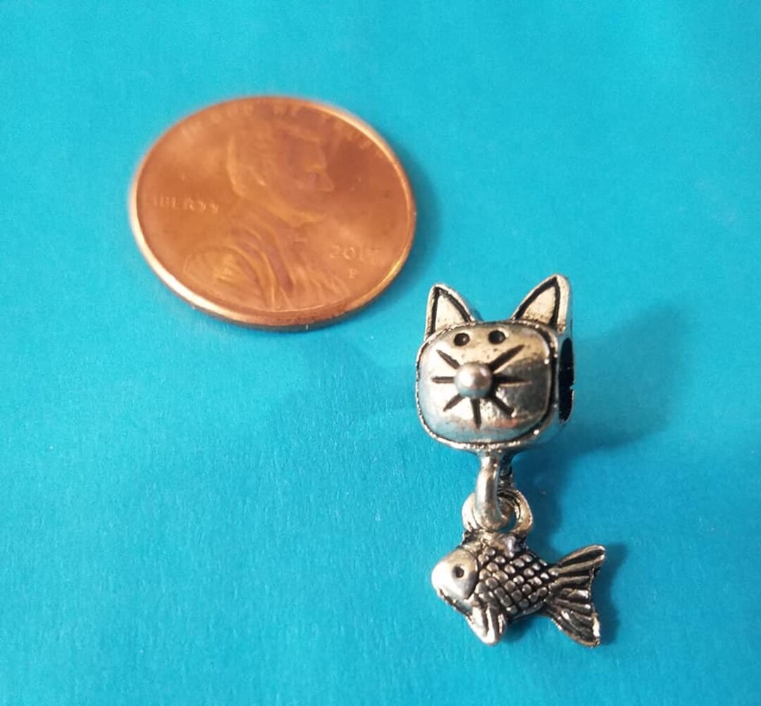 Cute CAT Face FISH CHARM Silver Tone Slider for Bracelet Necklace Craft ...