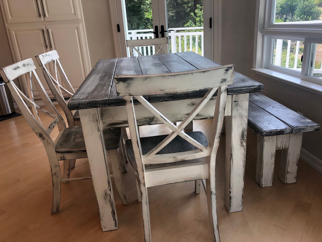Rustic FARMHOUSE TABLE 6-piece SET Wood Farm House Kitchen Dining ...